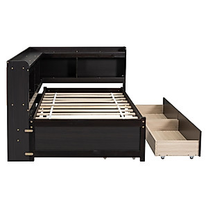 Harper & Bright Designs Twin Bed Frame with L-Shaped Bookcases, Wooden Twin Size Platform Bed with 2 Storage Drawers,Twin Bed with Storage for Kids Teens Girls Boys, Espresso