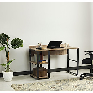 Aienid Solid Wood Walnut Black Computer Desk Black Metal Frame 58" Wooden Top 2 Shelves Writing and Computer Desk for Home Office, Oak