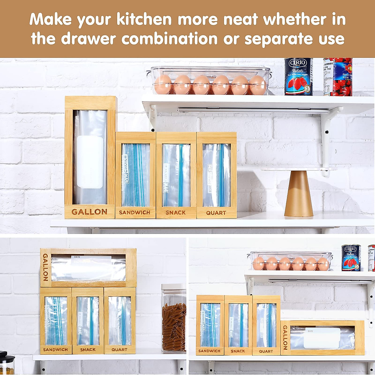 Lossey Ziplock Bag Organizer for Drawer, Food Storage Bags Organizer, Plastic Bag Organizer, Bamboo Reusable Baggies Dispenser Container for Gallon Quart Sandwich Snack Quart Slider Sizes