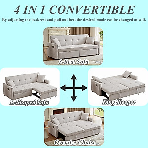 Gagawin Convertible Sleeper Sofa Bed, 4-in-1 Sleeper Couch with Dual Pull Out Bed & Adjustable Backrest, Chenille 3 Seaters Sectional Sleeper Sofa for Living Room, King Size, No.2-Beige