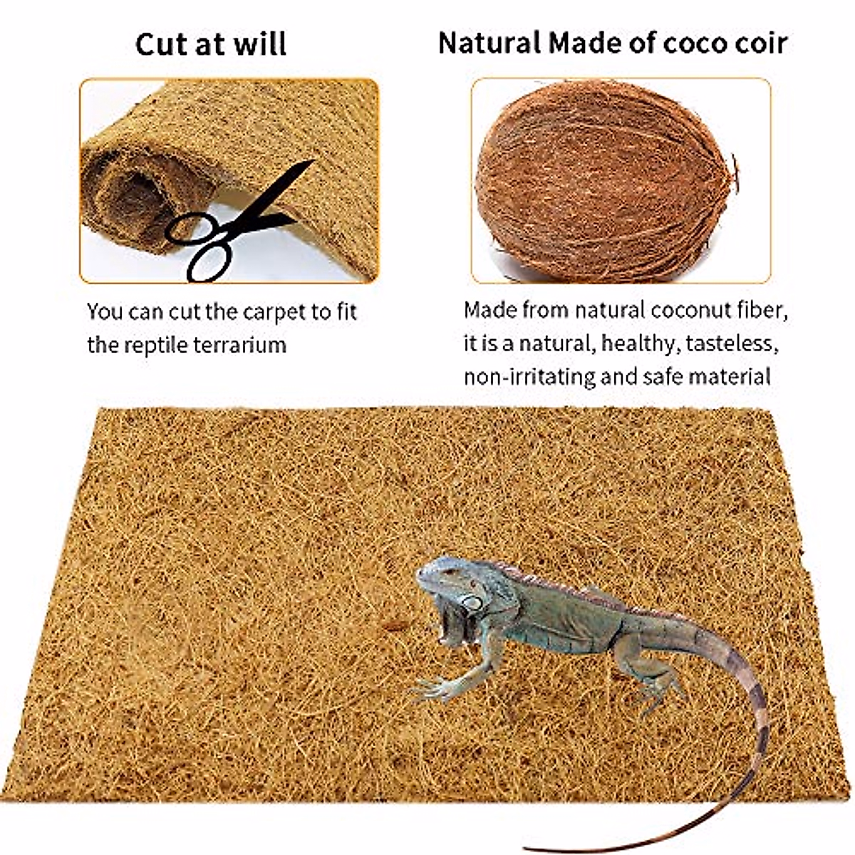 Reptile Carpet, Natural Coconut Fiber Mat for Pet Terrarium Liner, Coconut Fiber Substrate Reptile Supplies for Tortoise, Lizards, Chameleons, Snakes, Geckos, Bearded Dragon (12" x39.4" x 2Pack)