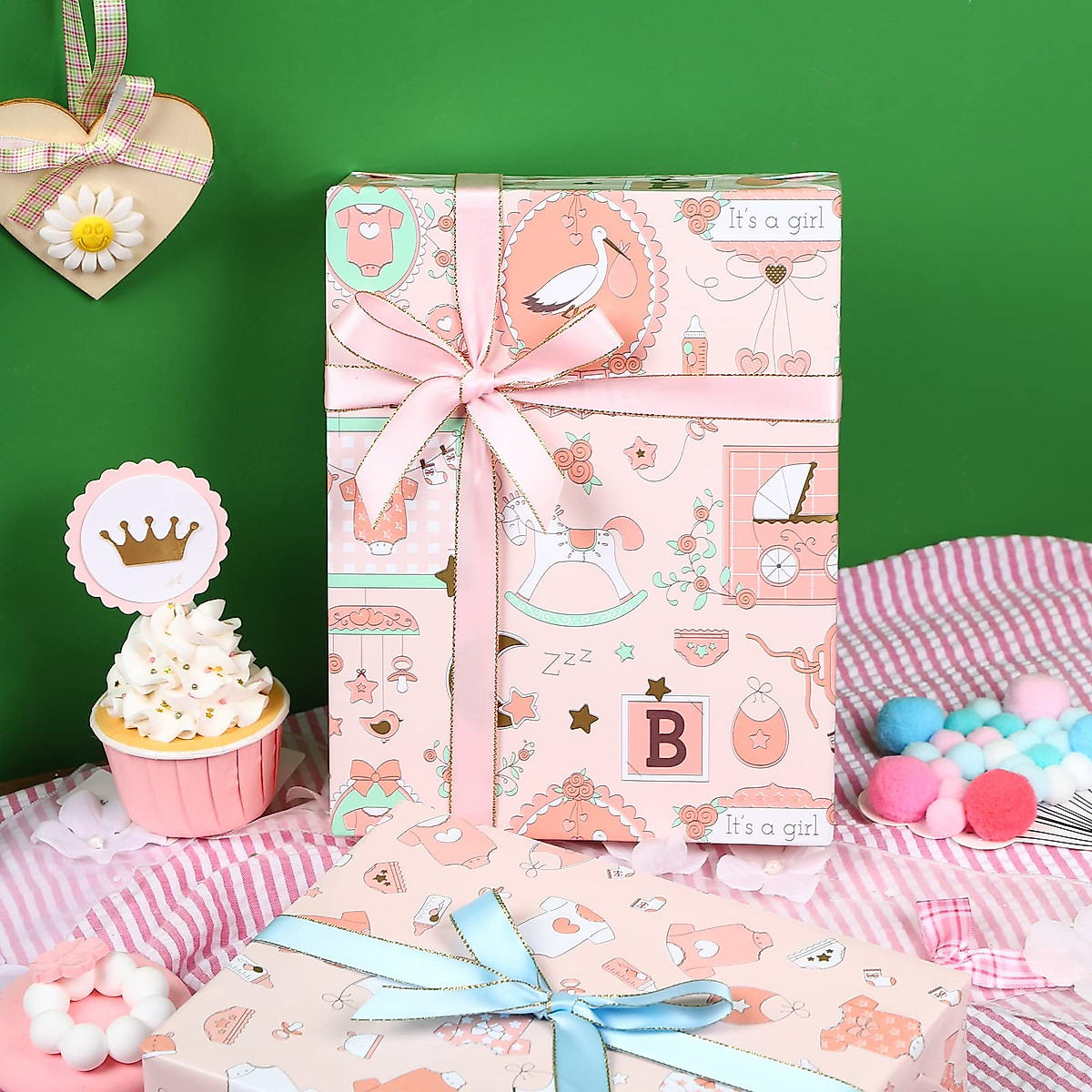 WRAPAHOLIC Baby Girl Wrapping Paper Roll - Cute Hobbyhorse and Baby Clothes Design Perfect for Celebration, Party, Baby Shower Present Packing - 4 Rolls - 30 inch X 120 inch Per Roll