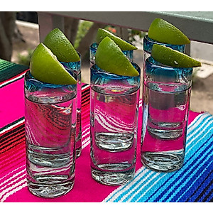 Dos Sueños Hand Blown Mexican Tequila Shot Glasses – Set of 6 Aqua Rim Tequila Shot Glasses (2 oz each) …