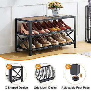 Hoctieon Shoe Rack, 3-Tier Shoe Organizer, 28in Small Wooden Shoe Bench for Front Door, Shoe Storage with Mesh Shelves for Entryway Living Room Hallway Closet, Rustic Brown (3-Tier)