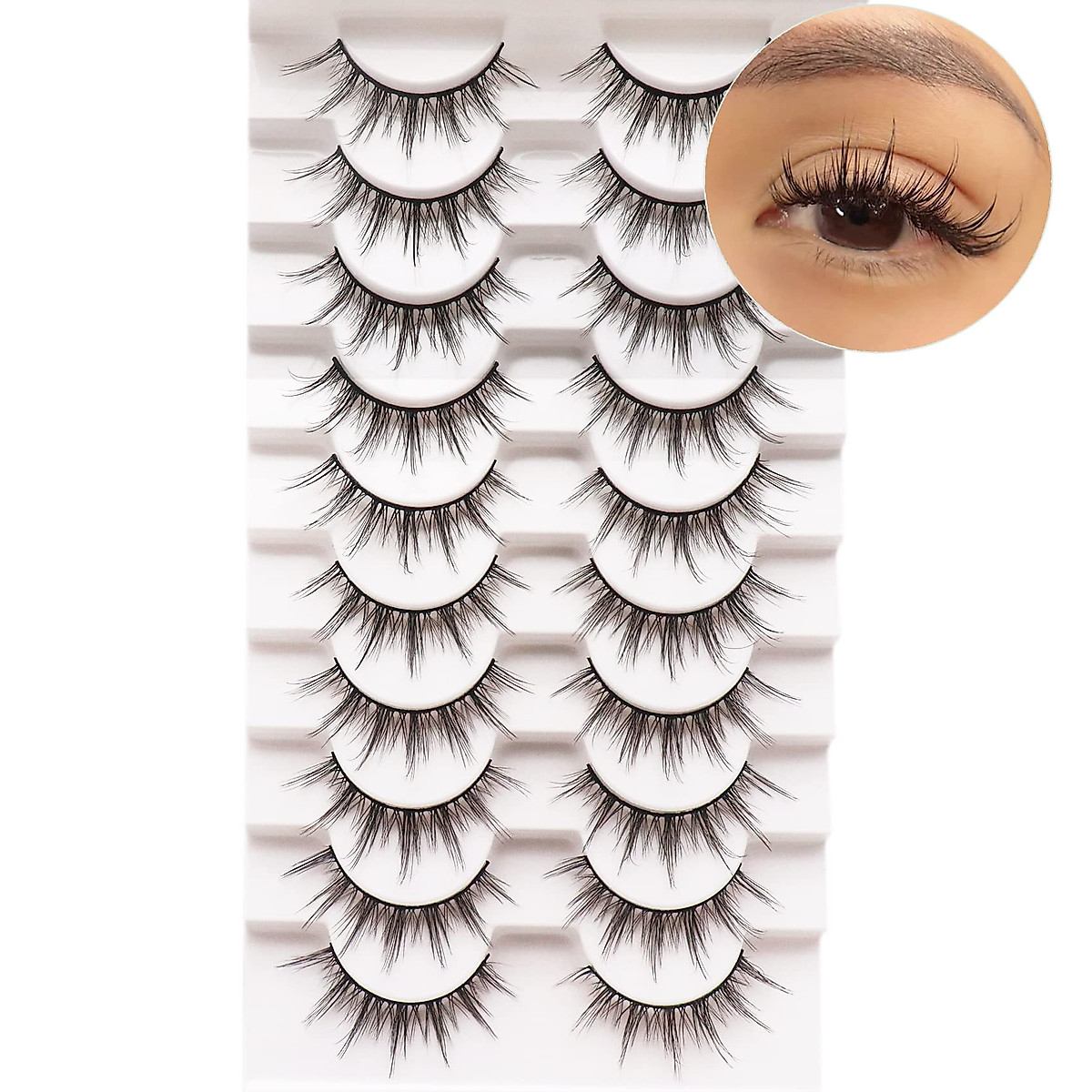 Losha Manga Lashes Fluffy Faux Mink Lashes Natural Look 10 Pairs Asian False Eyelashes Pack Look Like Individual Clusters (6D75)