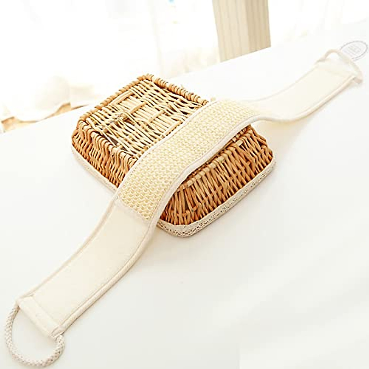 Exfoliating Back Scrubber for Shower, Bath Shower Scrubber for Men and Women, Dual Side Handle Body Washer, Exfoliating Texture Scrubbing Pad, Body Scrubber to Deep Clean Relax Your Body Beige