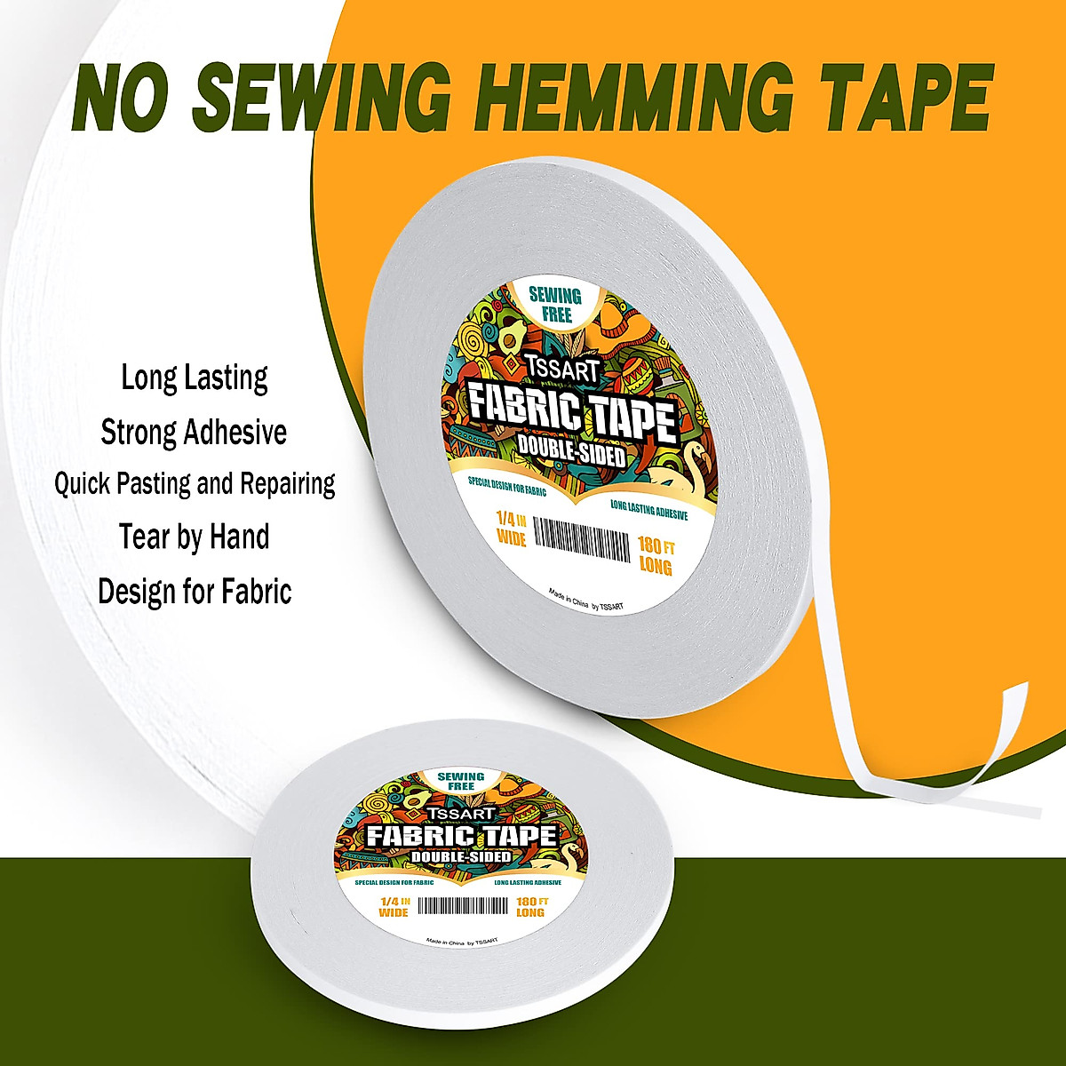 TSSART Fabric Tape - Sticky Double-Sided Tape Strong Adhesive Cloth Tape Press-on Tape, No Sewing or Ironing, Gluing, Alterations and Hemming Tape - 1/4inch Wide 180FT Long