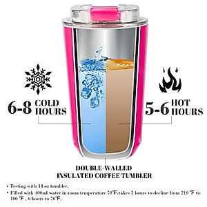 Puraville Insulated Tumblers with Lid, 14 oz Travel Coffee Mug Stainless Steel Vacuum Cup, Leak Proof Reusable Double Walled Coffee Tumbler for Iced and Hot Drinks, Fuchsia