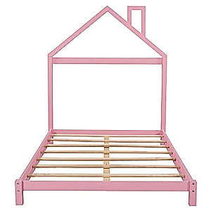CKLMMC Full Size Wood Platform Bed with House-Shaped Headboard, Unique Platform Bed for Kids Boys Girls Bedroom, No Box Spring Required (Pink/House-B)