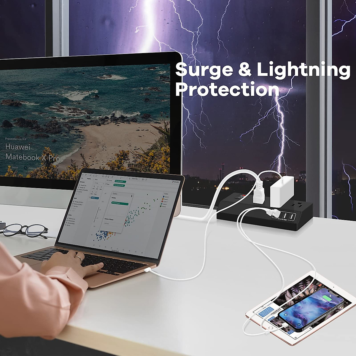 Desk Clamp Power Strip USB C (20W PD Fast Charging) - Desktop Surge Protector with 3 Outlets 4 USB Ports - Edge Mount Power Strip Desk Outlet Station Plug Extender - Phone Office Desk Accessories
