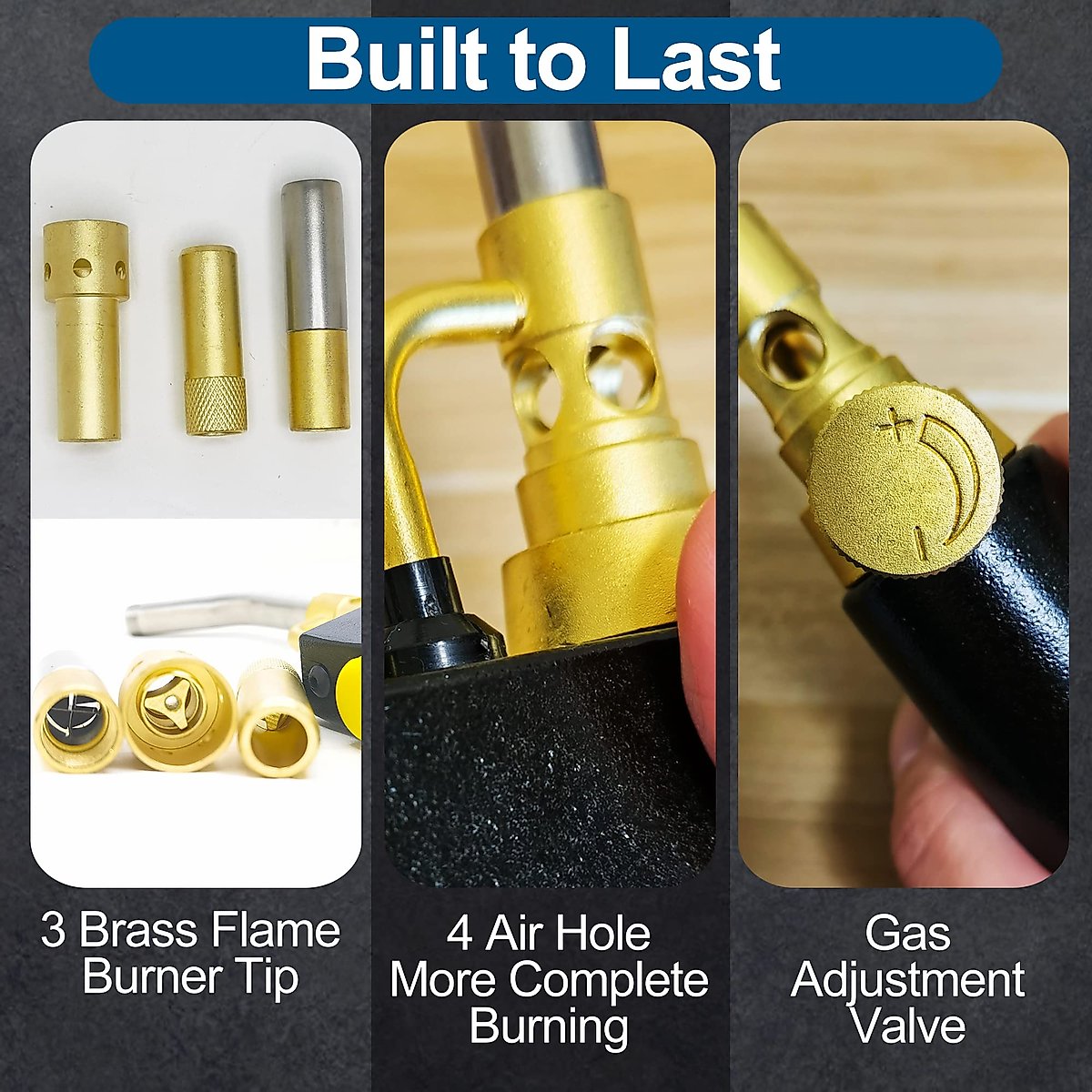 Propane Torch Head with 3 Nozzles Tips - MAPP MAP Gas Trigger Start Welding Torch Head lighter Self Ignition Igniter Adjustable Knob Continuous Flame Lock for Sous Vide Soldering Brazing Wood
