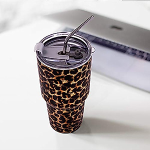 30 oz. Tumbler Double Wall Stainless Steel Vacuum Insulation Travel Mug with Crystal Clear Lid and Straw, Water Coffee Cup for Home,Office,School, Ice Drink, Hot Beverage,Leopard