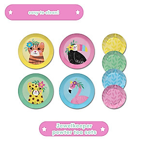 Jewelkeeper Tea Set for Little Girls - 15 Piece Sets Kids Tin Tea Party with Cups, Saucers, Plates & Serving Trays-Toddler Princess Tea Time Pretend Play-Safari Design Picnic Toy -Girls Birthday Gift