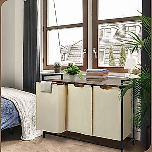 Graciadeco Pull Out Laundry Hamper 3 Compartment Laundry Sorter with Shelf 3 Section Laundry Basket with 3 x 16 Gallons Removable Bags, Beige