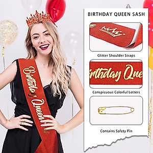 KICOSY Birthday Sash and Crown for Women Red Birthday Headband and Birthday Queen Sash Set Happy Birthday Tiara for Women Crystal Birthday Crown Adult Women Birthday Decorations