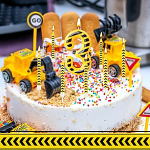 13 Pcs Construction Themed Birthday Candles Set 12 Yellow and Black Number 3 Candle Cake Topper for Construction Party Decoration Supplies (Number 3)