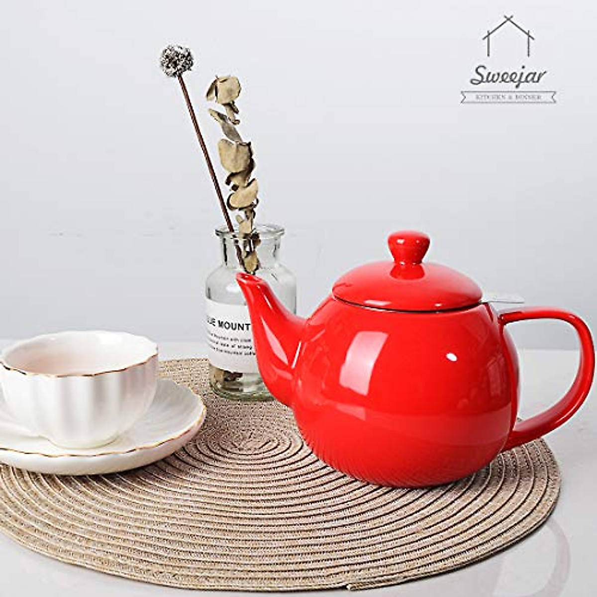 Sweejar Porcelain Tea Pot with Infuser and Lid,Teaware with Filter 30 OZ for Tea/Coffee/Milk/Women/Office/Home/Gift (Red)