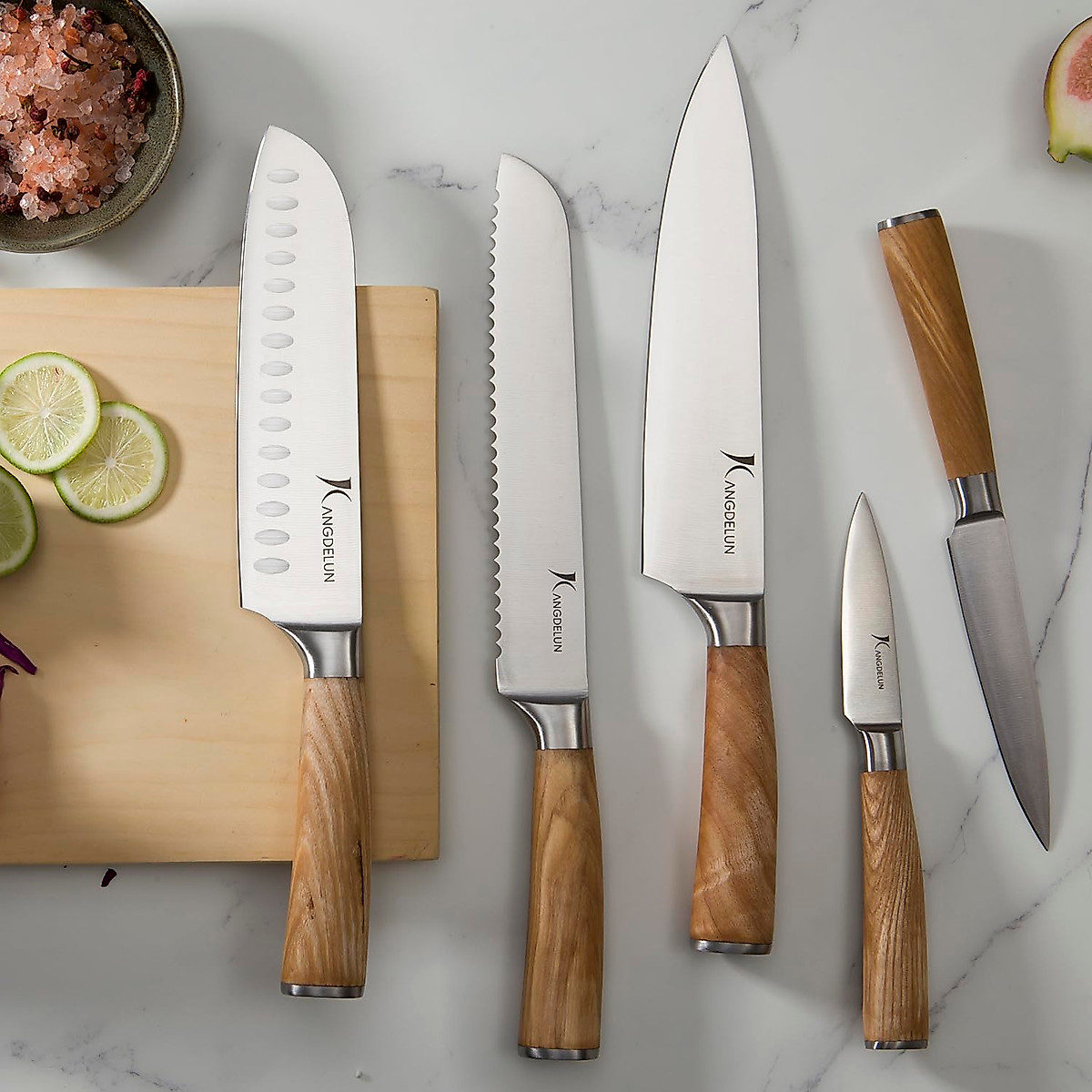 Kangdelun Natura Series 14 PCS Knife Block Set, Ultra Sharp High Carbon Stainless Steel with Wooden Handle