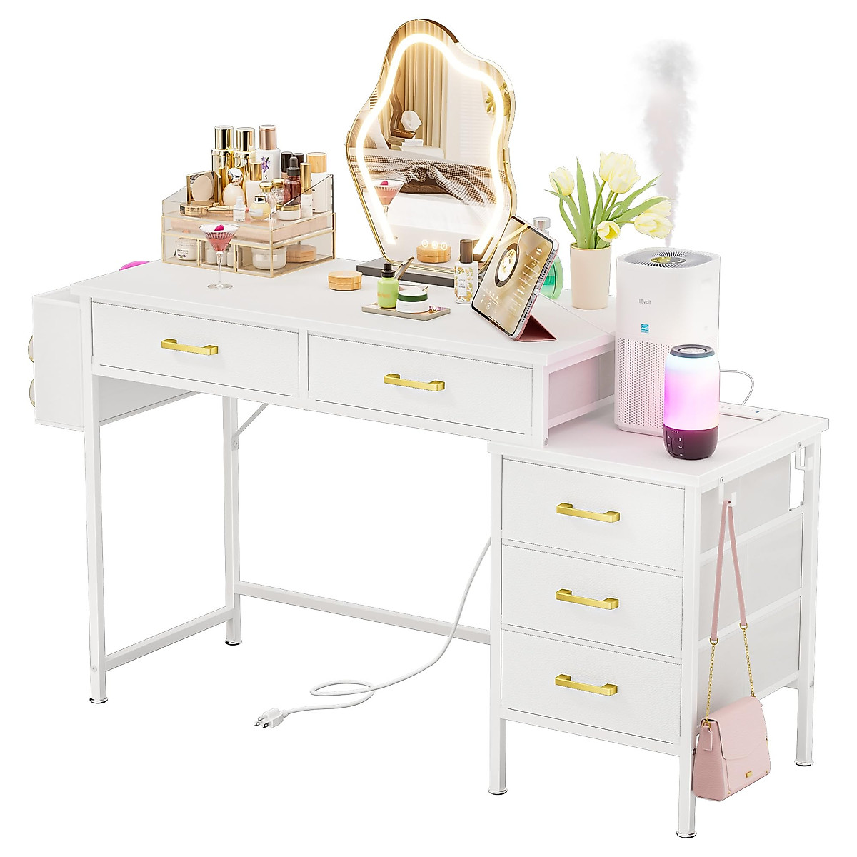 YILQQPER Vanity Desk without Mirror, Makeup Vanity with 5 Fabric Drawers, White Vanity Desk Dressing Vanity Table with Charging Station, 50 Inch Large Girl Vanity, Desk Make Up Vanity for Girls, White