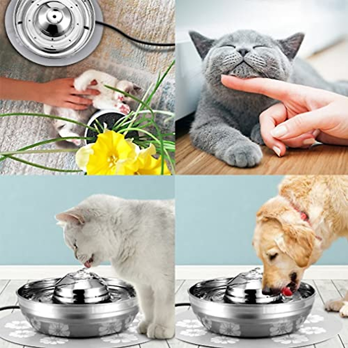 Cat Water Fountain All Stainless Steel,710z/2.1L Large Capacity,Round Design,Quiet Design,Visible Water Level,360° Automatic Cat Water Dispenser Easy Assemble and Clean,Supply Water Even Power Off