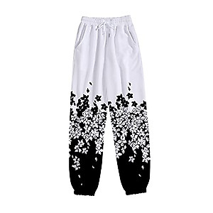 White L Cotton Women's Sweatpants With Pockets Elastic Waistband Linen Summer Baggy Leggings Boho Flower Fall Pants Vintage Graphic Patchwork Warm