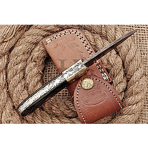 HUNTEX Custom Handmade Hand-Forged Twist Pattern Damascus Steel 4 Inch Long Pakka Wood Handle Razor Sharp Hunting Camping Folding Pocket Drop Point Knife with Genuine Leather Pouch