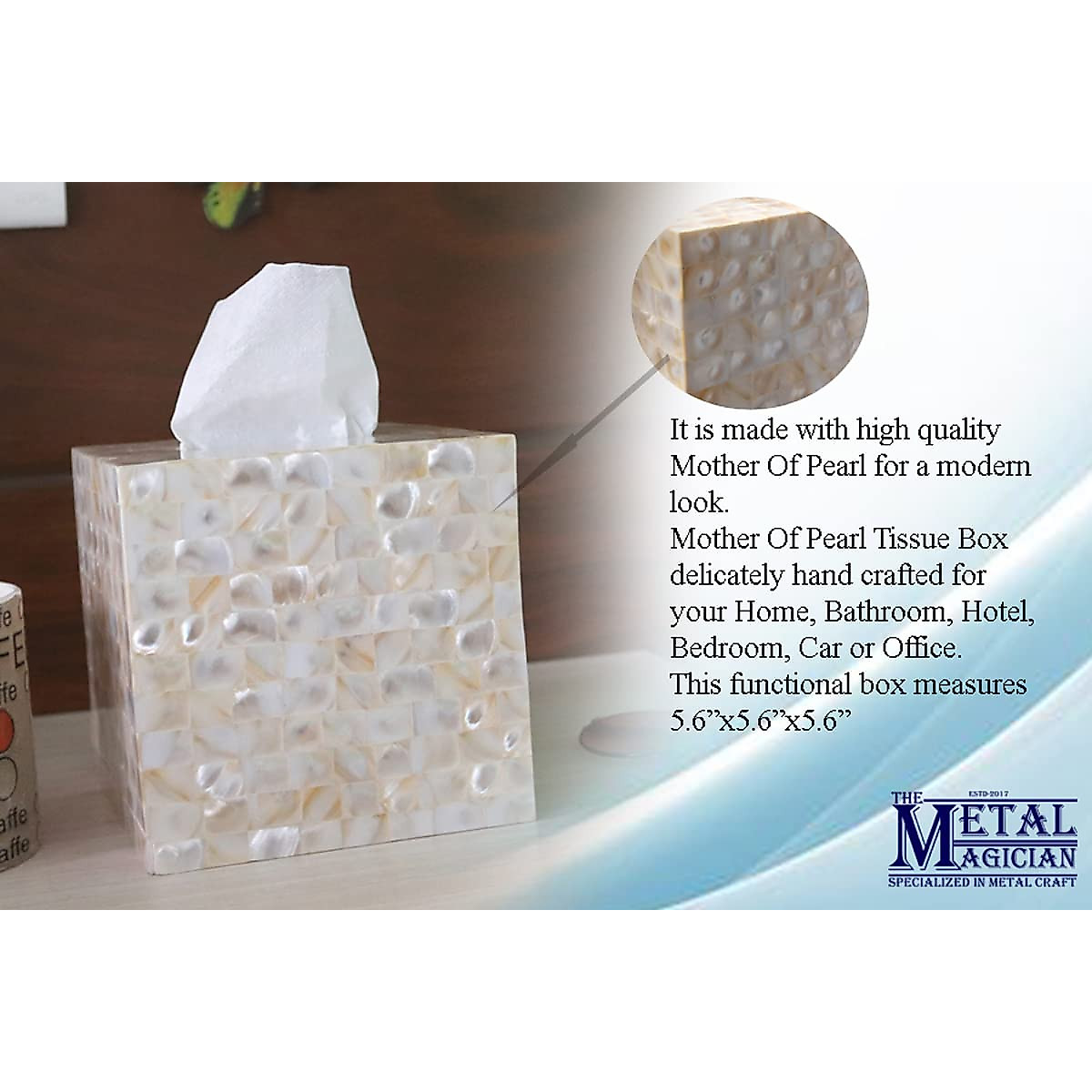 Square Tissue Holder – Decorative Tissue Box Cover is Finished in Beautiful Mother of Pearl by The Metal Magician
