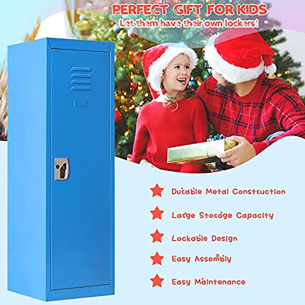 Costzon 48" Kids Locker Cabinet, Daycare Metal Coat Locker w/Hanging Rod & Shelf for Kids Room Bedroom School Classroom, 2-Tier Storage Locker w/ 2 Keys for Toys, Clothes, Sports Gear, Blue