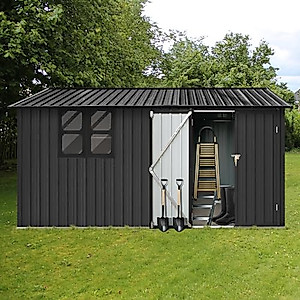 Evedy Extra Large Sheds 10ftx12ft,Outdoor Storage Sheds with Window,Metal Garden Sheds with Lockable Doors,Tiny House for Garden, Backyard, and Patio Utility and Tool Storage-Black