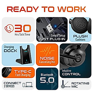 Bluetooth Headset with Noise Cancelling Mic and Charging Dock, Wireless Headphones with Mic, 2-Earpiece with Auto-Pair USB Dongle for PC/Laptop, Handsfree/Dual Connect/Mute, for Meet|Skype|Zoom|Teams