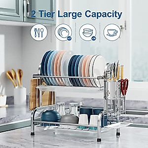 GSlife Stainless Steel Dish Drying Rack Rustproof 2 Tier Dish Rack for Kitchen Counter with 3 Drainboards, Tiered Dish Drainer with Utensils Holder,Cutting Board Holder, Silver