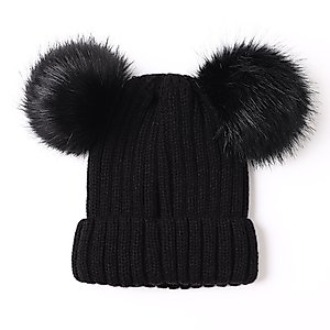 Roniky Womens Winter Hat Cable Knit Silk Satin Lined Beanie for Women Girls Double Faux Fur Pom Pom Ears Black