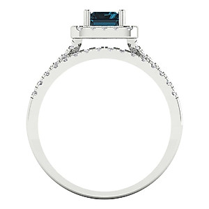 Clara Pucci 1.54ct Emerald Round cut Engraving Pave Halo London Blue Topaz Wedding Anniversary Ring band set 14k White Gold Size 8.25