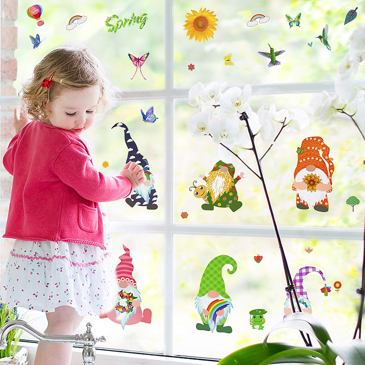 9 Sheets Spring Gnome Static Window Clings- Double Sided Faceless Doll Flowers Butterfly Window Decals Stickers in 9 Styles Party Favors for Spring Home Cafe Restaurant Glass Door Window Decors