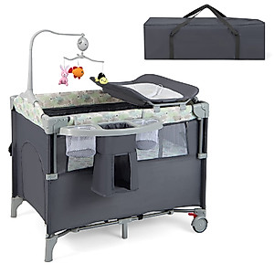 HONEY JOY Pack and Play with Bassinet, 5-in-1 Baby Bedside Sleeper w/Diaper Changing Table & Storage Bag, Toy Arch & Music Box, Detachable Side Rail, Portable Baby Play Yard w/Carry Bag(Gray)