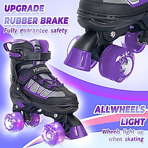 MammyGol Roller Skates for Kids Boys Girls, Adjustable Quad Skates with Light Up Wheels for Toddler Little Kids Ages 6-12 Size 13C 1 2, Beginners Outdoor Sports, Purple