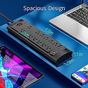 Power Strip, Bototek Surge Protector 6 FT Cord,12 Outlets and 4 USB Ports (1 USB-C, 3 USB-A), 6 FT 20W PD Extension Cord for Home,Office, and More (2980 Joule)