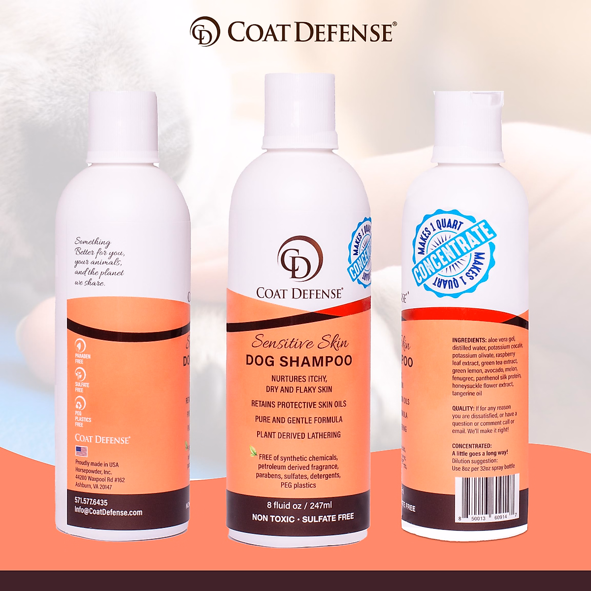COAT DEFENSE CD Shampoo from All-Natural - Made in USA - Hypoallergenic & Concentrated | Aloe Based - Soothes and Relieves Itchy, Dry and Inflamed Skin | Safe for Everyone | 8 Ounces