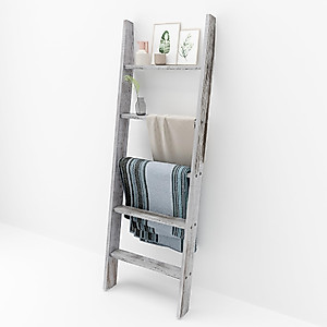 JAXPETY Farmhouse Wooden Blanket Ladder 4.5 FT Wall Leaning Towel Ladder Shelf Decorative Blanket Quilt Ladder Rack for Bathroom Living Room Bedroom, Vintage White