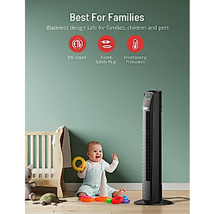 PARIS RHÔNE Tower Fan, Oscillating Quiet Cooling Fan with Remote, Digital Thermostat,12H Timer, 3 Speeds & 4 Modes, Portable Stand Up Floor Bladeless Fan for Bedroom, Living Room, Kitchen, Office