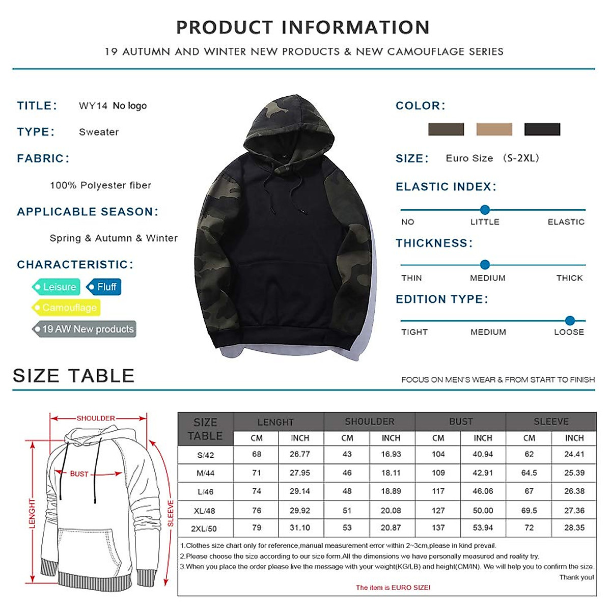 AOTORR Men's Pullover Camouflage Fleece Hoodies Long Sleeve Contrast Color Military Sweatshirt with Pocket Black XXL