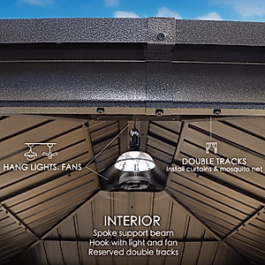 Kozyard Caesar 10'x12' Hardtop Gazebo - Permanent Metal Pavilion with Netting Shaded Curtains for Patio, Backyard, and Deck - Galvanized Steel Outdoor Aluminum Canopy, Double Roof Gazebo (Dark Brown)