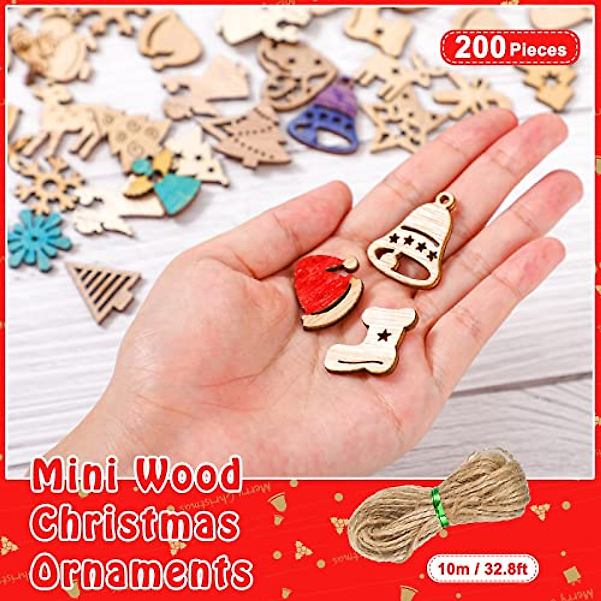 200 Pieces Christmas Unfinished Mini Wooden Ornaments Halloween Thanksgiving DIY Mini Wood Blank Cutouts with Storage Box and Twine for Christmas Tree Hanging Crafts Xmas Decorations