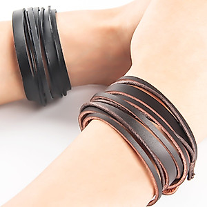 Chic Exquise Designs Handmade Genuine Vintage Leather Wrist Cuff Wrap Bracelet Adjustable (C: 2 Pcs set (Brown and Black))