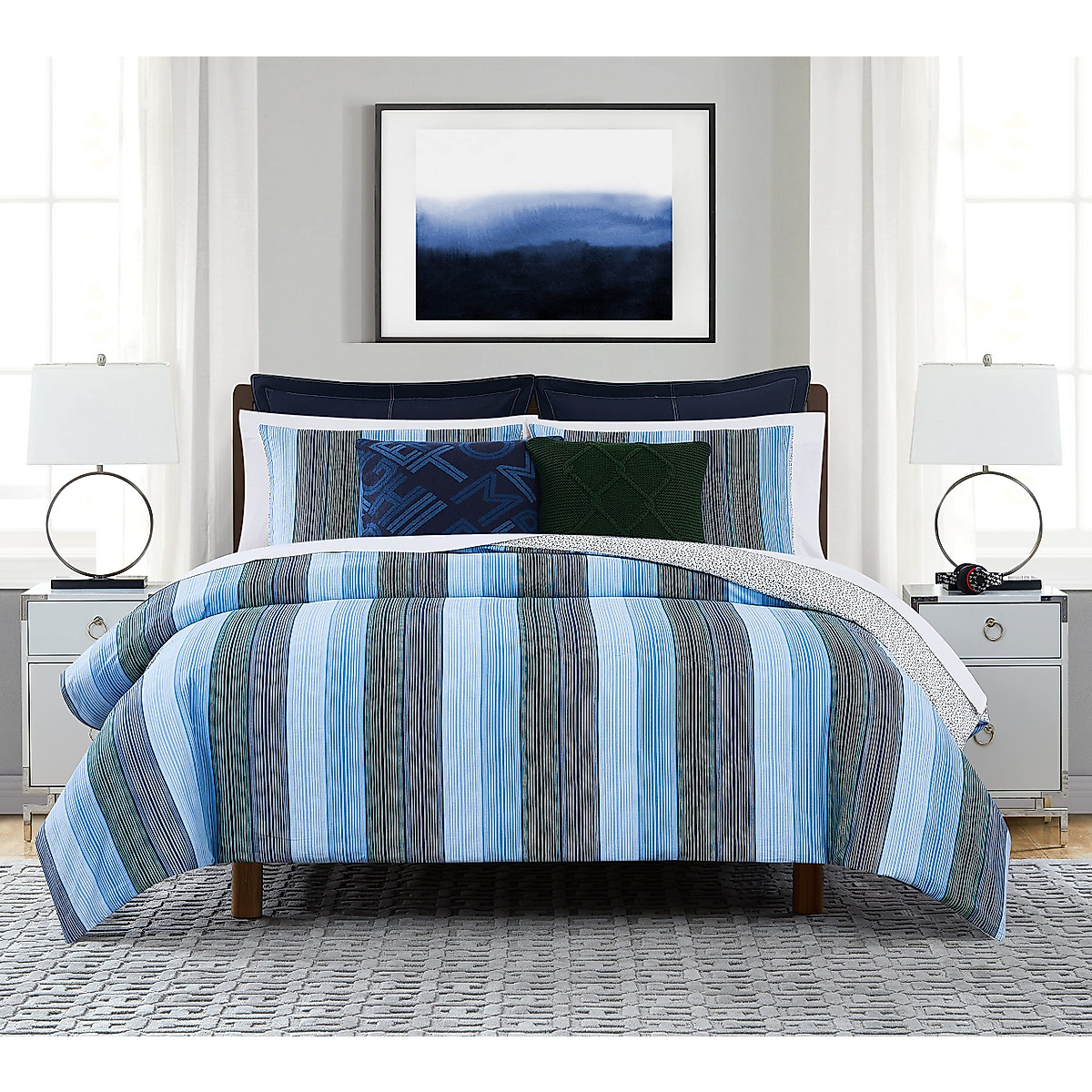 Tommy Hilfiger Tommy Explorer Stripe 200 TC Percale Set of 3 Duvet Set, Full/Queen Size, 100% Cotton (Denim/Green)