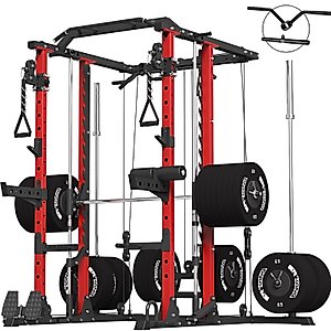 ER KANG Smith Machine, 2000LBS Strength Training Power Cage with Smith Bar and LAT Pull Down System, Multi-Function Linear Bearing Cable Crossover Machine for Home Gym, 2×3”, Red