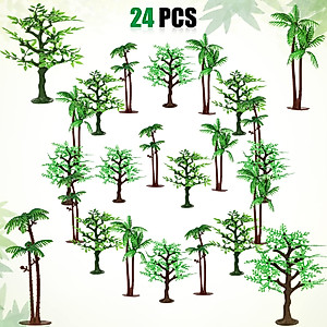 24 Pcs Mini Toy Jungle Trees Plastic Model Coconut Trees Figurines with Base Cake Decoration Rainforest Diorama Supplies Scenery Architecture Trees for Craft, Building, Scenery Landscape, 4 Styles