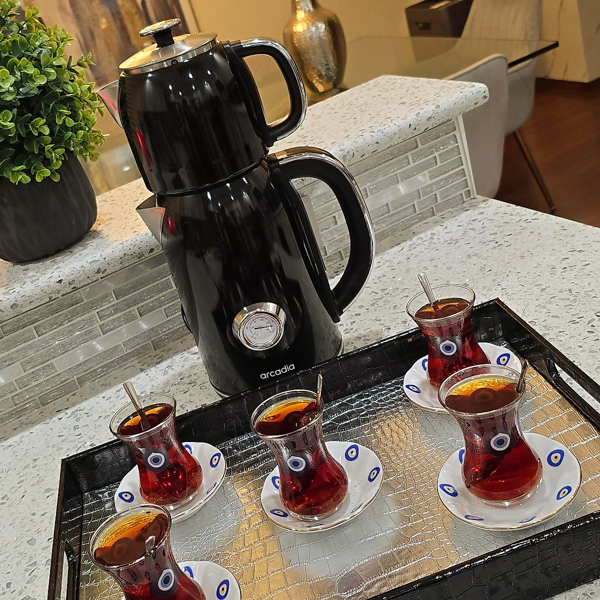 Arcadia Electric Turkish, Black and Herbal Tea Maker and Kettle, Stainless Steel, Temperature Control, LED and Dial Display, Auto Shut-off, Boil-Dry Protection, Black, 1.7L (1.5qt), 120V, 1500W