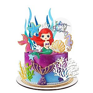 12 PCS Mermaid Cake Topper, Cute Big Eyes Mermaid Doll Cake Topper, Resin 2D Starfish Seaweed Seahorse Shell Felt Seaweed Acrylic Coral for Birthday Party, Baby Shower, Wedding, Mermaid Cake Supplies