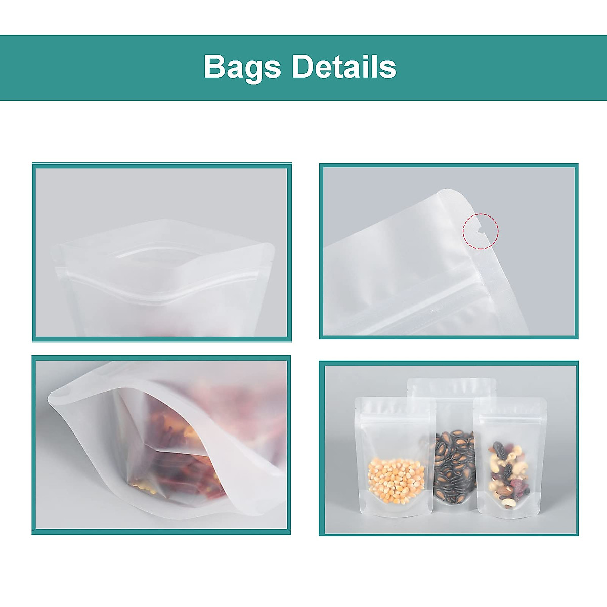 50 Pack Matte Frosted Clear Zipper Food Bags, MYANGHAOT Stand Up Pouch Bag Resealable Stand Up Candy Bags, Snack Food Tea Packing Dried Fruit Pouches (5.51" x 7.87")